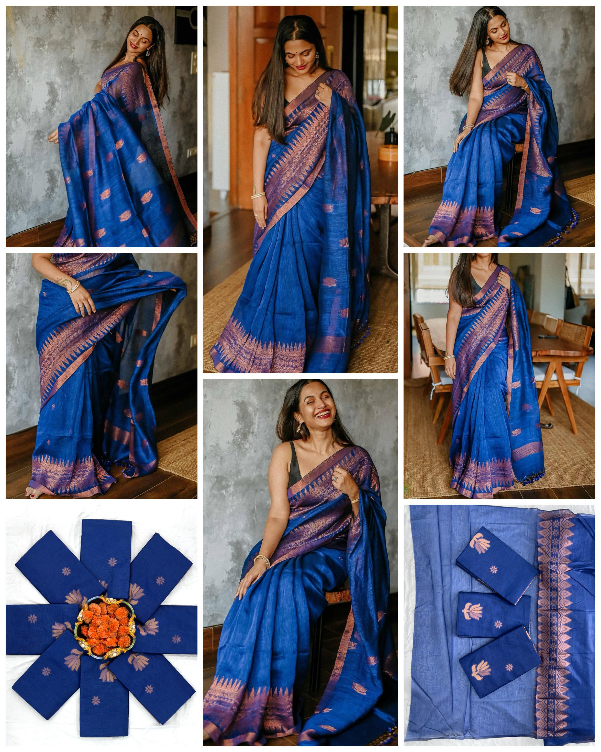Designer Royal Blue Cotton Silk Saree With Classic Blouse Piece – Vyoma ...